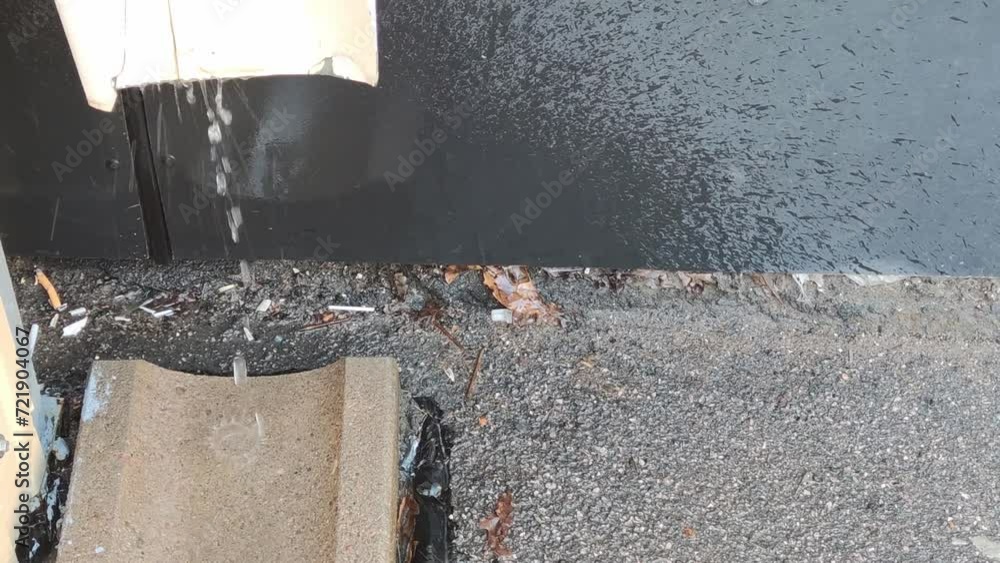 Drops of water flow down from the pipe. On a rainy day, water flows ...