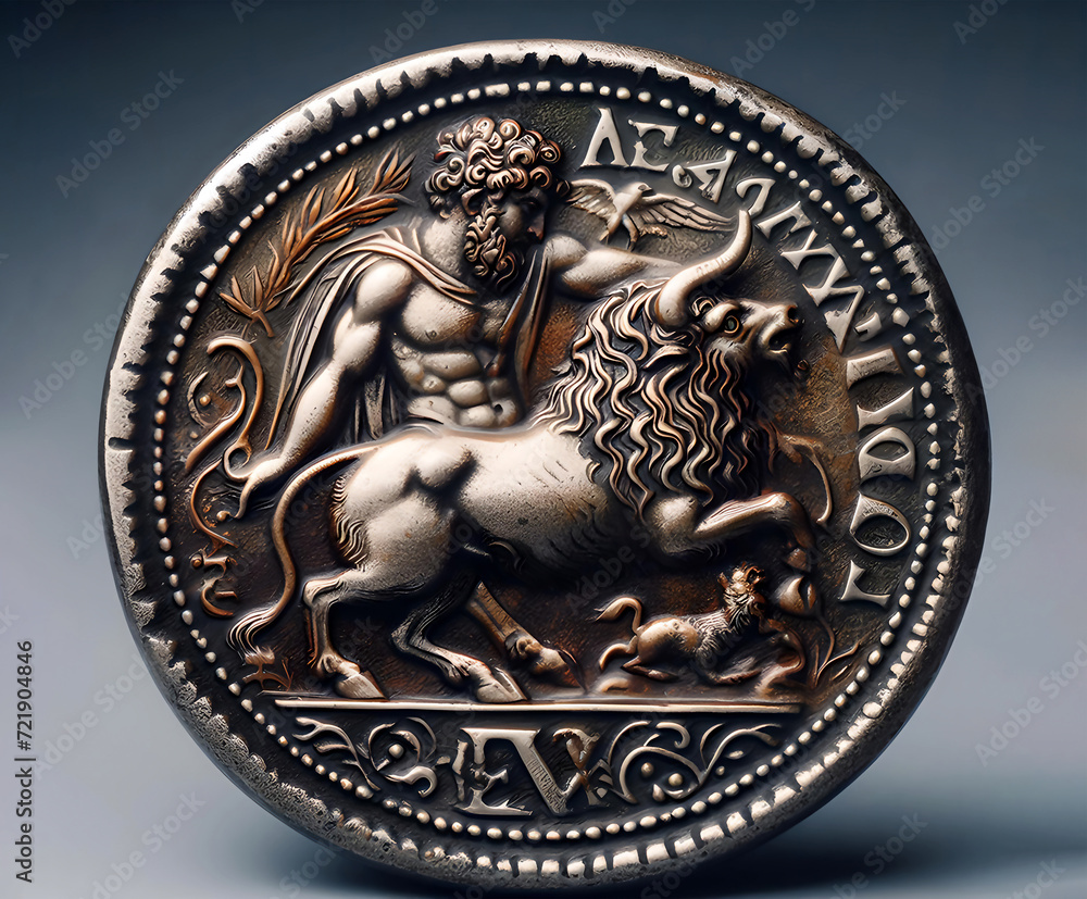 Ancient greek coin from Crete with a mythological scene, Herakles and a ...