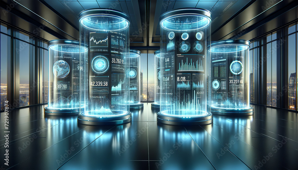 Futuristic interior with transparent cylinders showing data and ...