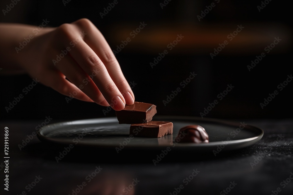 A close-up of a hand carefully picking a piece of fine chocolate from a ...