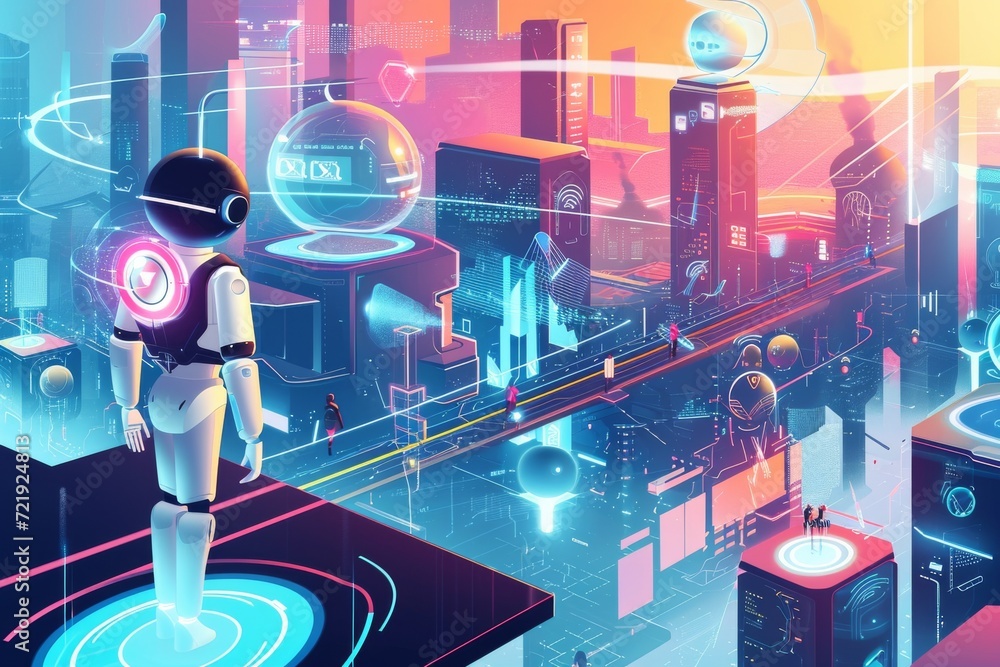 An animated android gazes out at the bustling metropolis from its ...