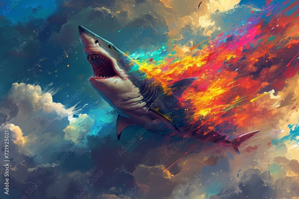 A fiery shark glides through an underwater reef, its fierce expression ...