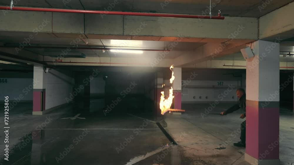 Fire Suppression System Test in Underground Parking, Testing of a fire ...