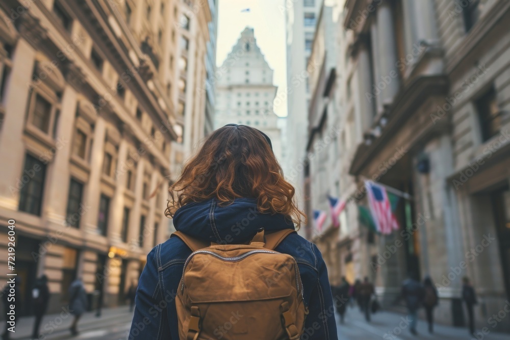 A stylish woman struts down the city street, her handbag and jacket ...