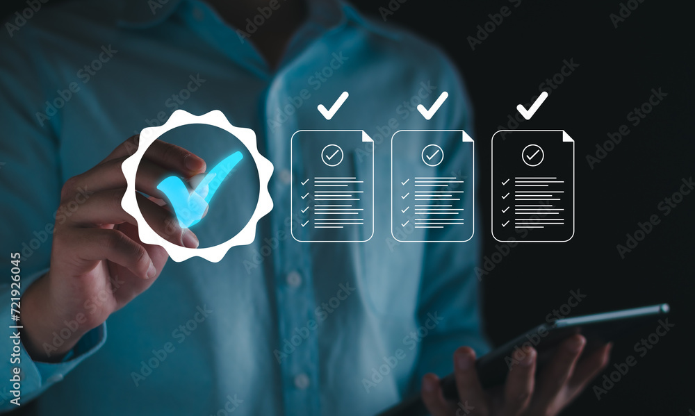 Quality control certificate concept. Businessman show high quality ...