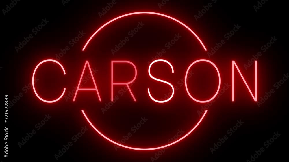 Flickering red retro style neon sign glowing against a black background ...