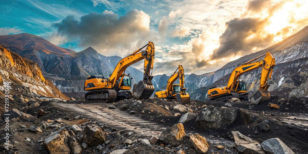 Heavy machinery excavators operate in a rugged quarry against the ...