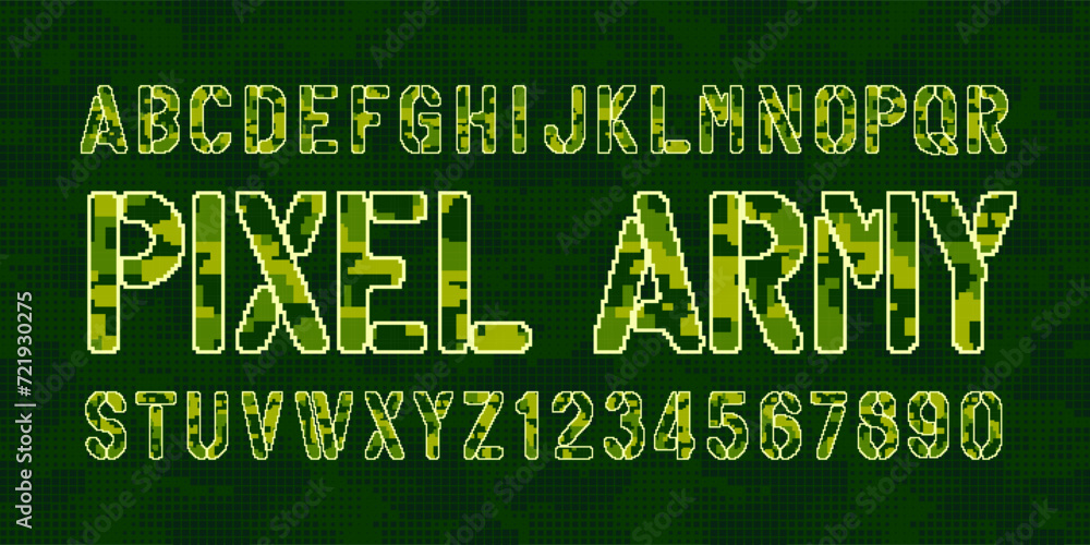 Pixel Army alphabet font. Stencil pixel letters and numbers. 80s arcade ...