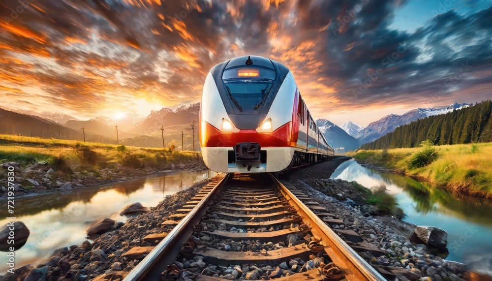 High speed train in motion on the railway station at sunset. Fast ...