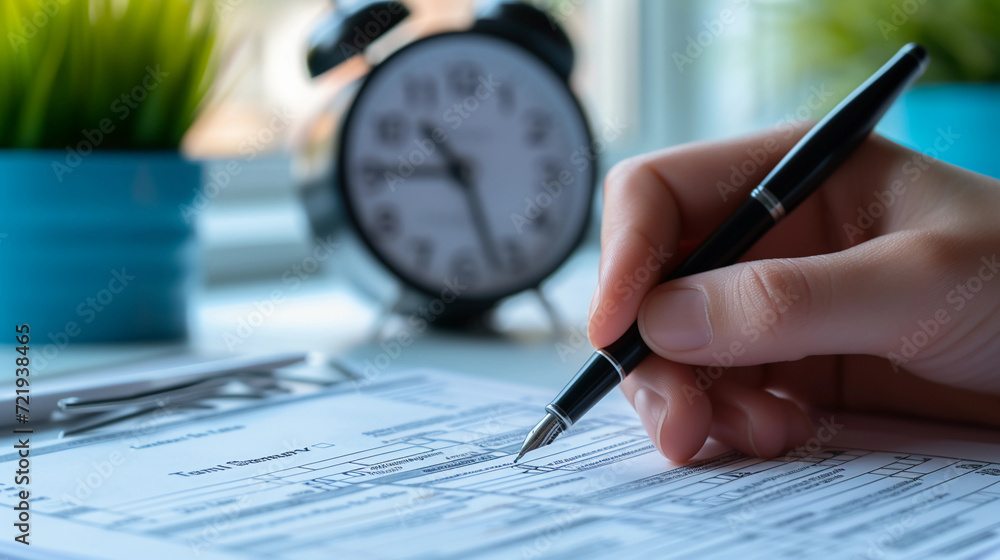 hand holding a pen, checking off tax deduction items on a detailed form ...