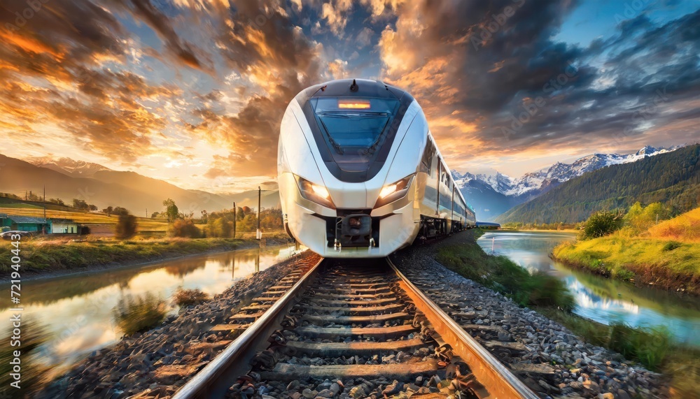 High speed train in motion on the railway station at sunset. Fast ...
