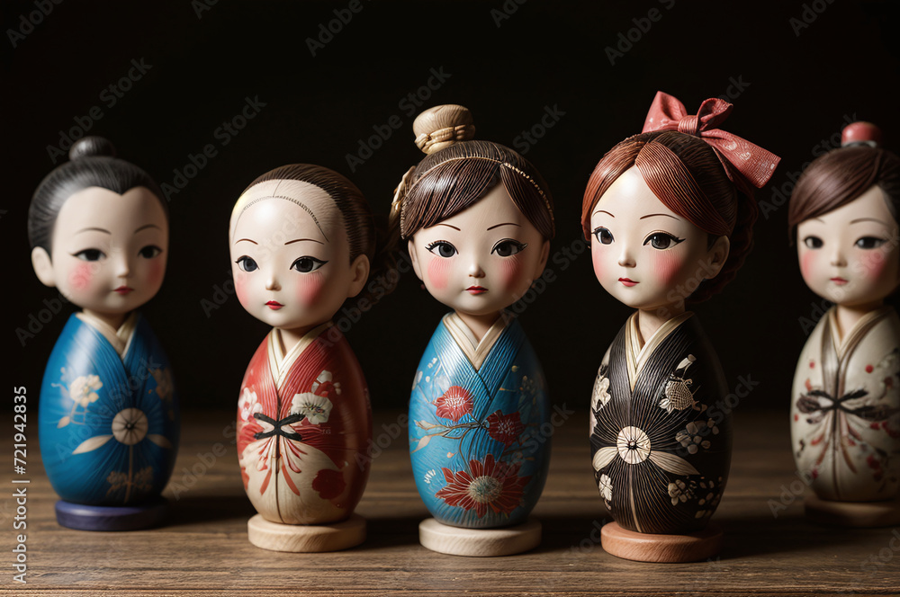 Collection of decorative hand crafted colorful wooden kokeshi dolls on ...