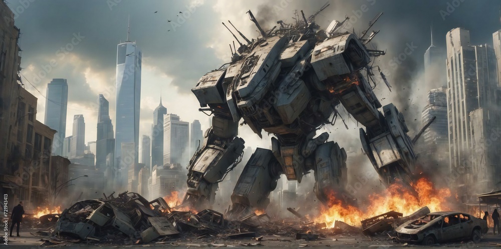 robots destroy the city, the city is destroyed. Generative AI Stock ...
