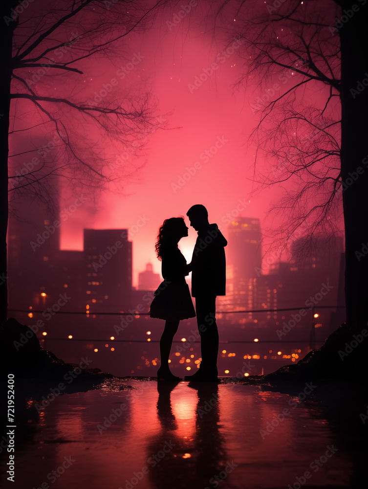 Silhouette Of Couple Kissing At Sunset Man And Woman Couple Kissing Pink Light City