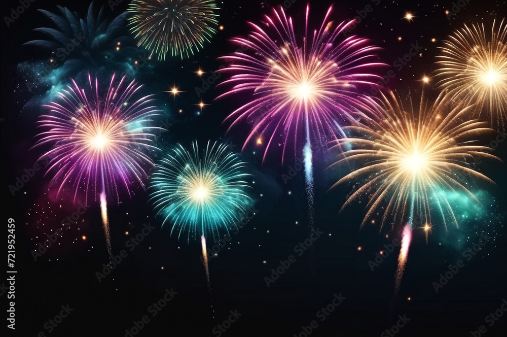 Retro white holiday fireworks background with sparks, colored stars and ...
