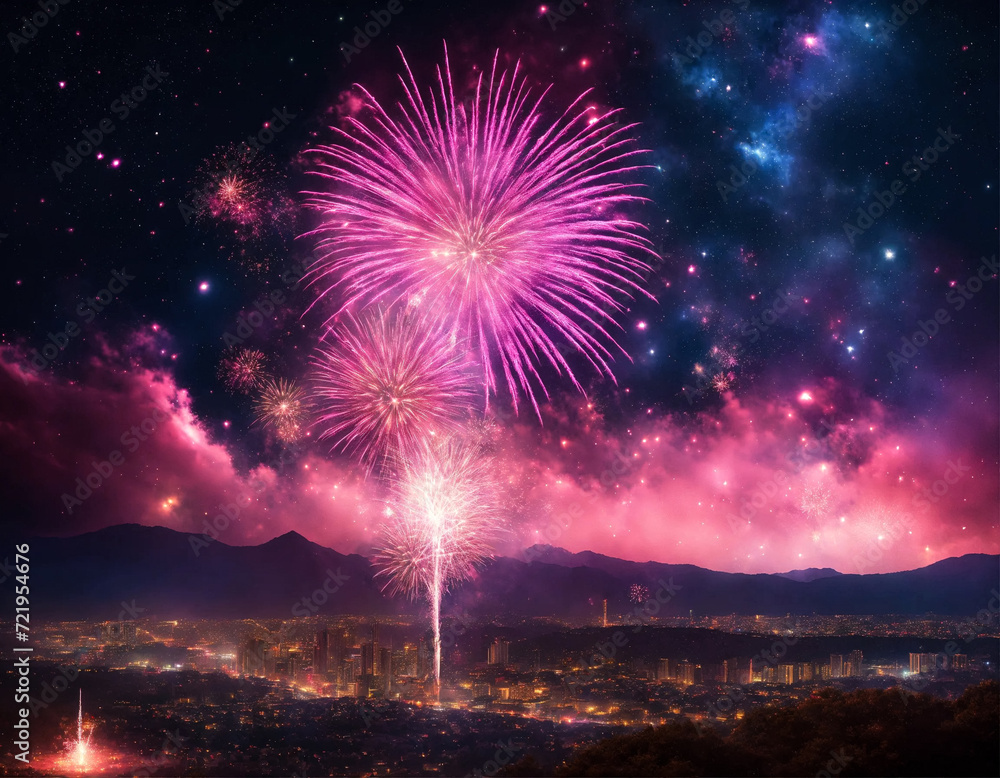 Pink holiday fireworks background with sparks, colored stars and bright ...