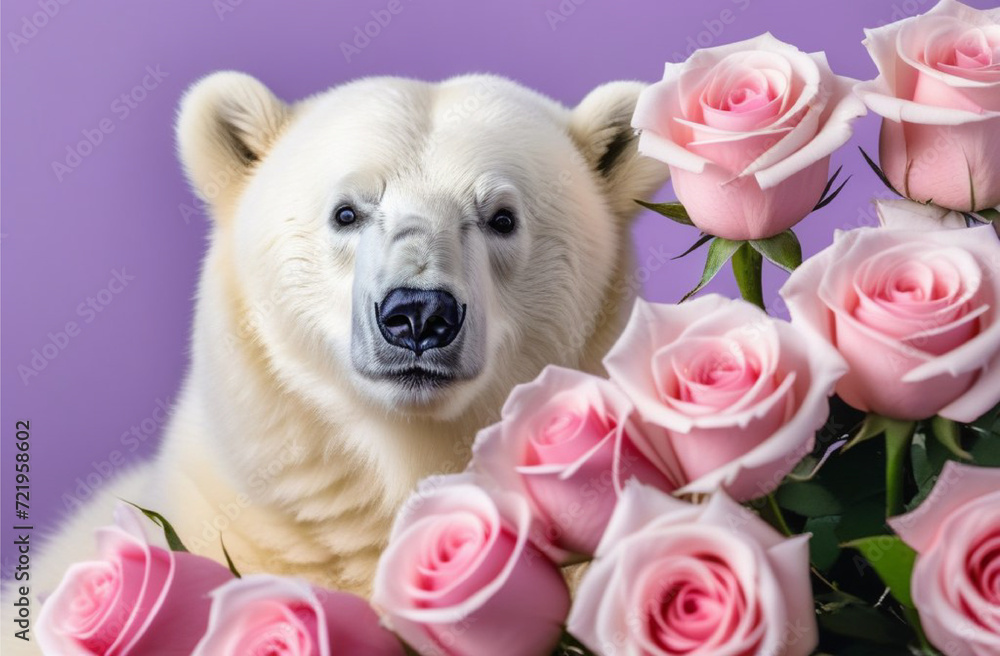 Cute polar bear peeking out from soft pink roses on a purple background ...