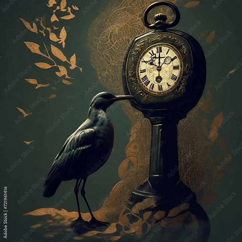 Abstract concept of time passing with a crow silhouette and old clock ...