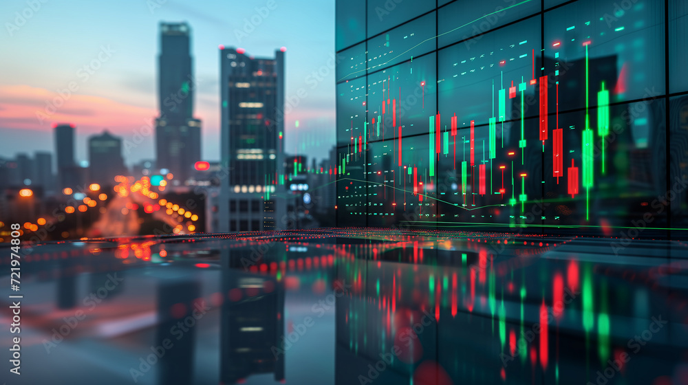 A realistic image of an uptrend line candlestick chart projected on a ...