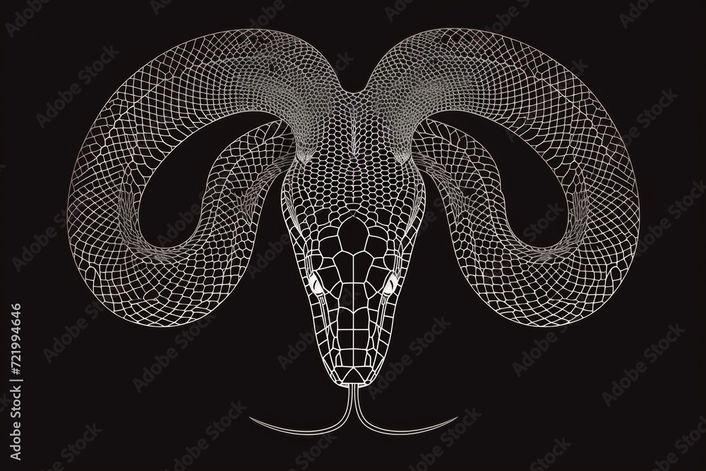 An intricate white line art of a snake on a black background ...