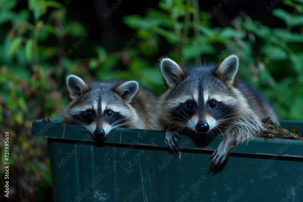 Curious Raccoon Duo at Night. Two raccoons peer from a trash can in a ...