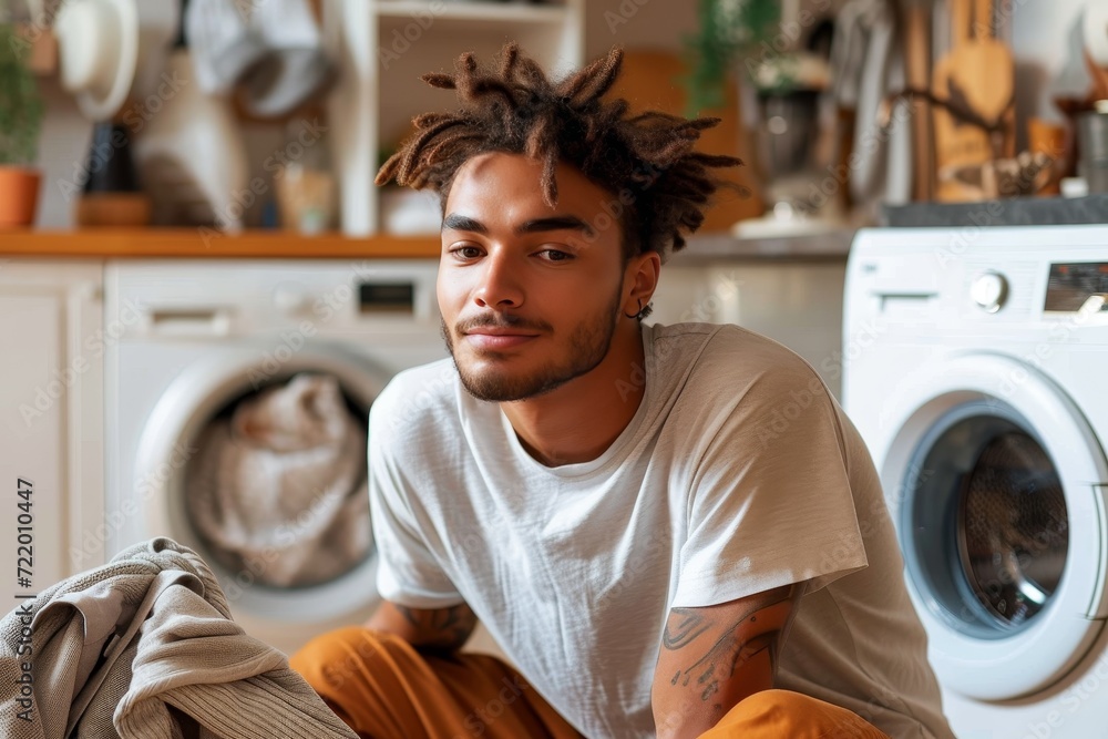 A man contemplates his never-ending laundry as he sits in the midst of ...