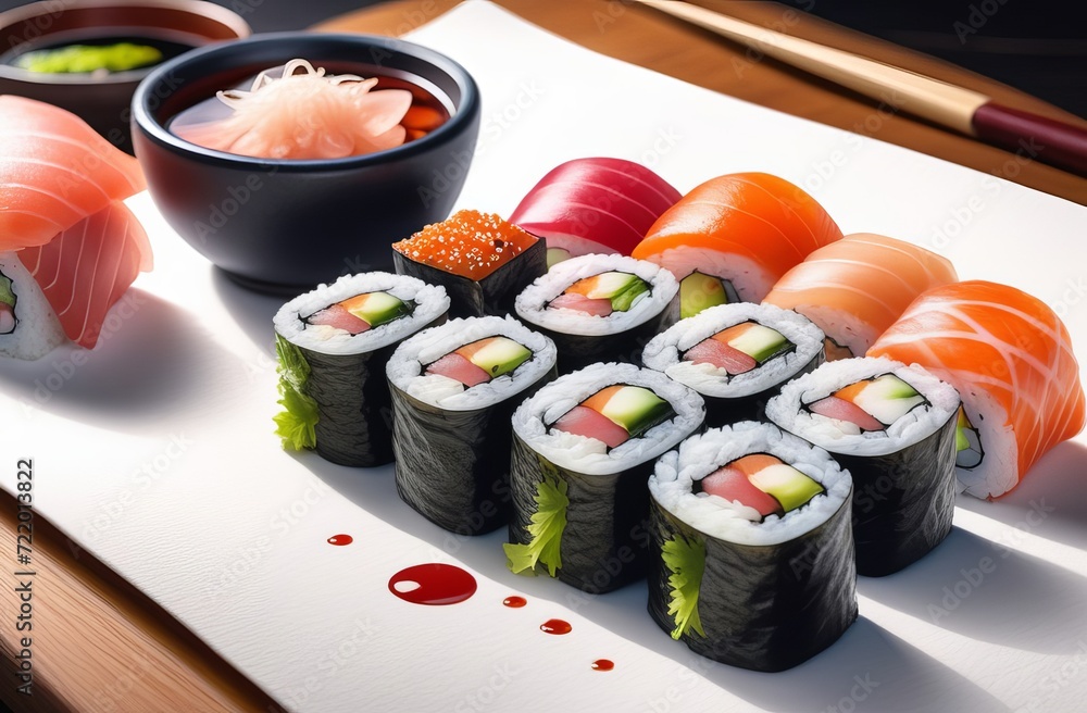 Row of different kinds of fresh magi roll in white ceramic dish ...