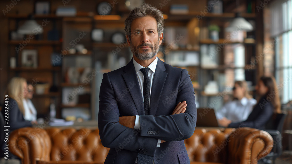powerful CEO in navy blue suit crossing arms and posing in front of his ...