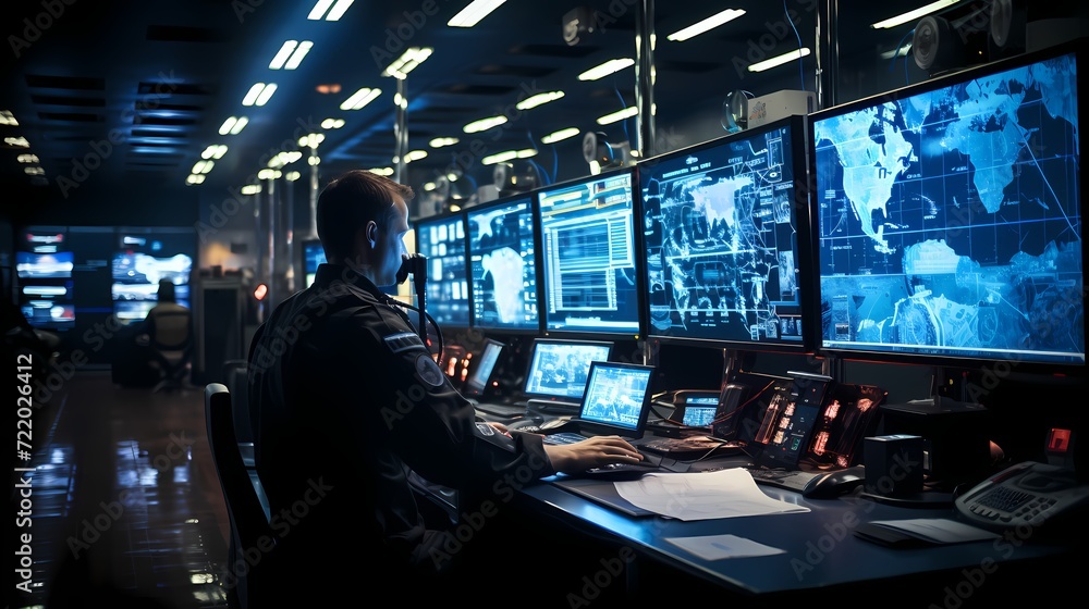 High-tech command center with large screens displaying real-time ...