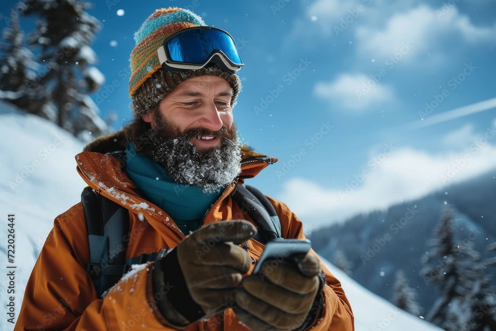 A rugged adventurer braves the freezing mountain air, checking his ...