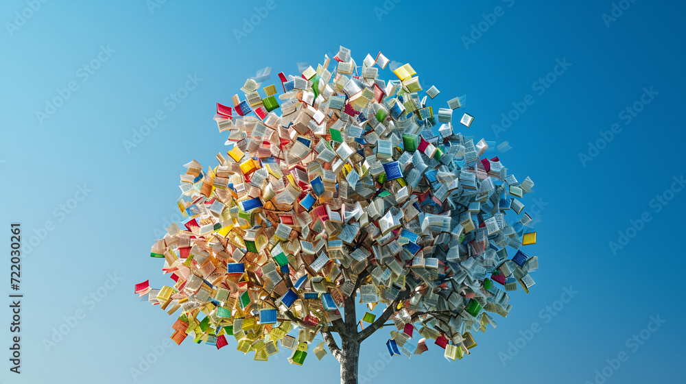A flourishing tree, with its branches and leaves made from pages and ...