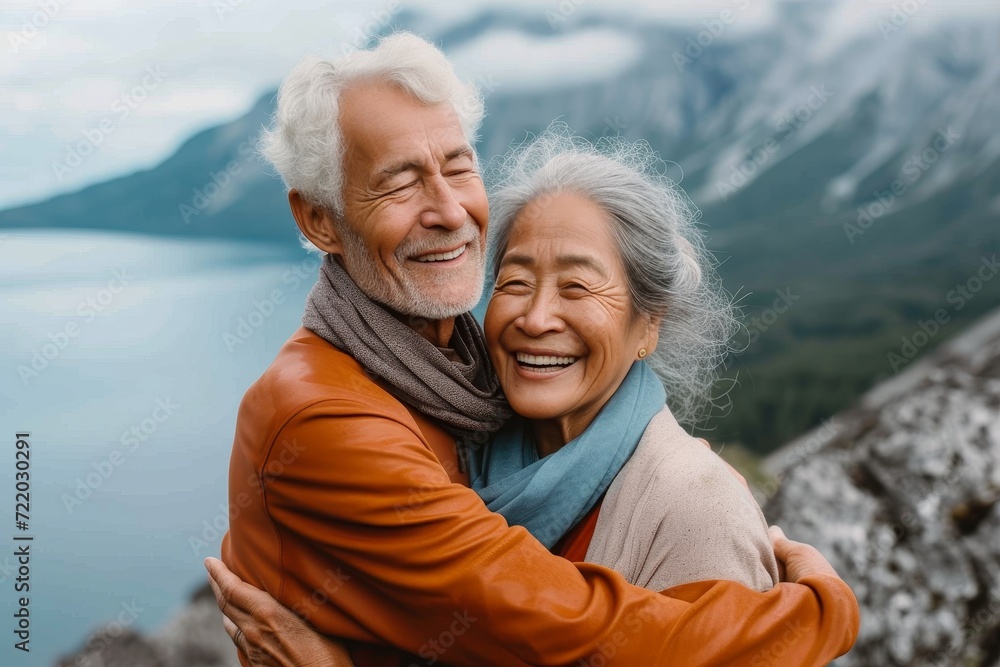 Amidst the stunning mountain backdrop, a joyful woman embraces her ...