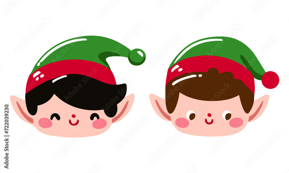 Christmas elf. Cute elves faces in cartoon and flat style isolated on ...