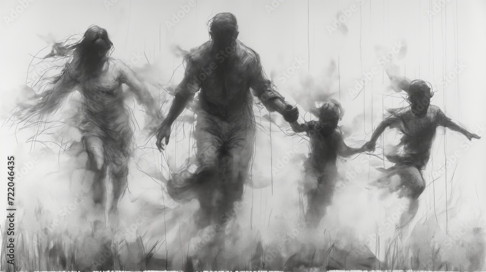 pencil drawing illustration, family refugees fleeing war into the ...