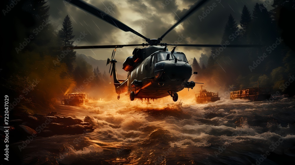 Military helicopter airlifting a tank across a river during a strategic ...