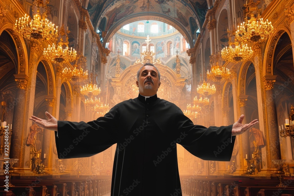 A solemn figure draped in holy vestments stands among flickering ...