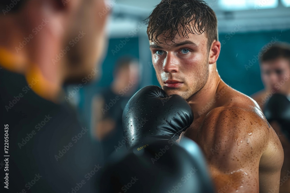 A determined boxer gazes intently at his opponent, ready to unleash his ...