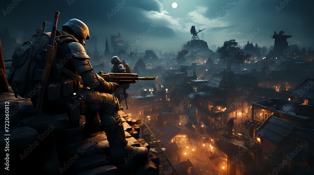 Sniper team positioned on a rooftop, overlooking a city, with their ...