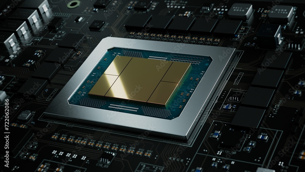 Advanced AI Microchip with Golden Reflection. Close-up of GPU Chip for ...