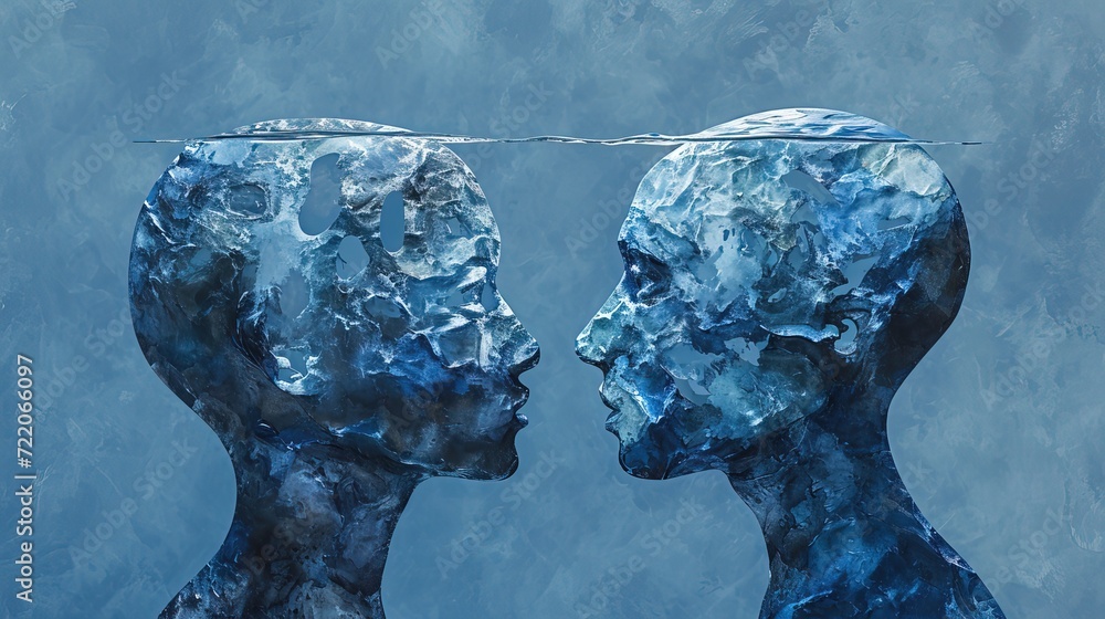 Two ice head sculptures emerge from a frozen surface, engaging in an ...