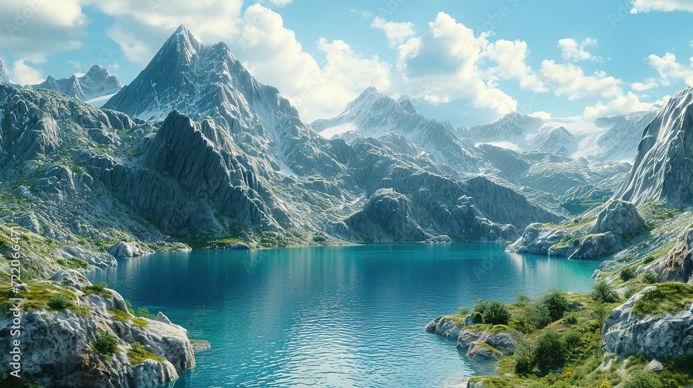 Poster, Foto A breathtaking alpine lake nestles among towering rugged ...