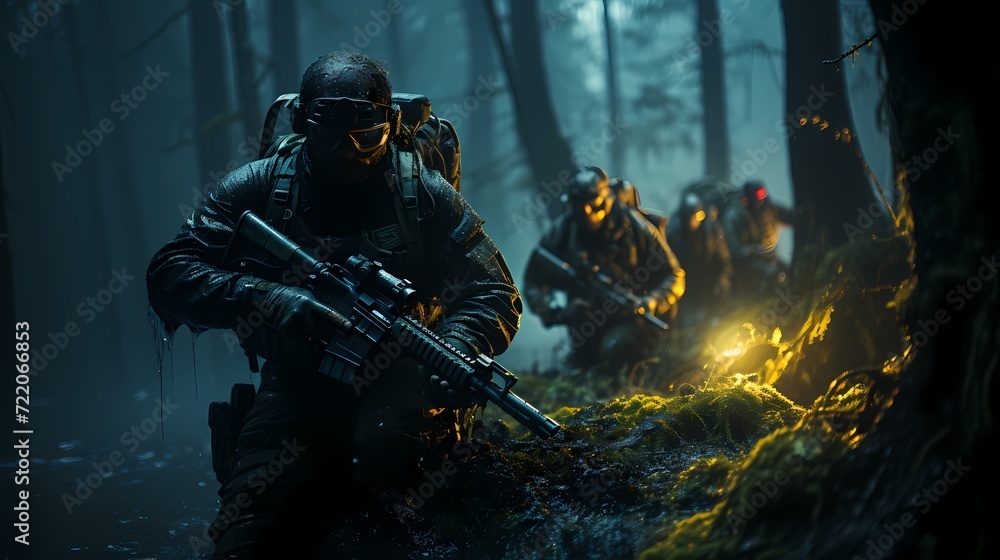 Special forces operators in full gear conducting a night-time operation ...