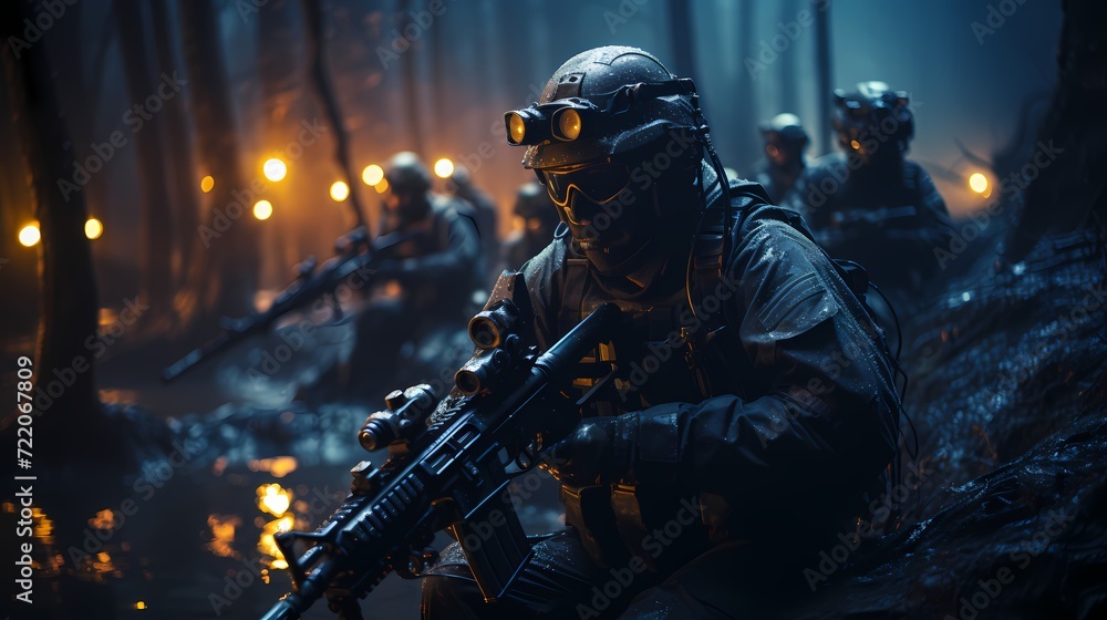 Special forces operators in full gear conducting a night-time operation ...