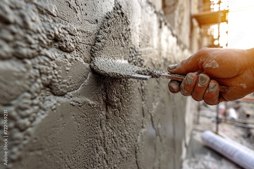 Plasterer trowel and smooth wall, white and gray, background tools and ...