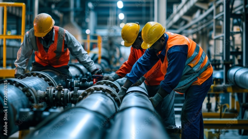 Male worker inspection at steel long pipes and pipe elbow in station ...
