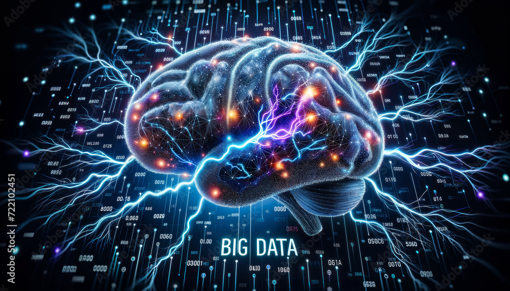 Digital brain where electric pulses and data streams intertwine ...