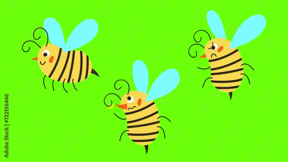 Set of cute cartoon honey bees. Hand-drawn vector 2d graphic. Green and ...