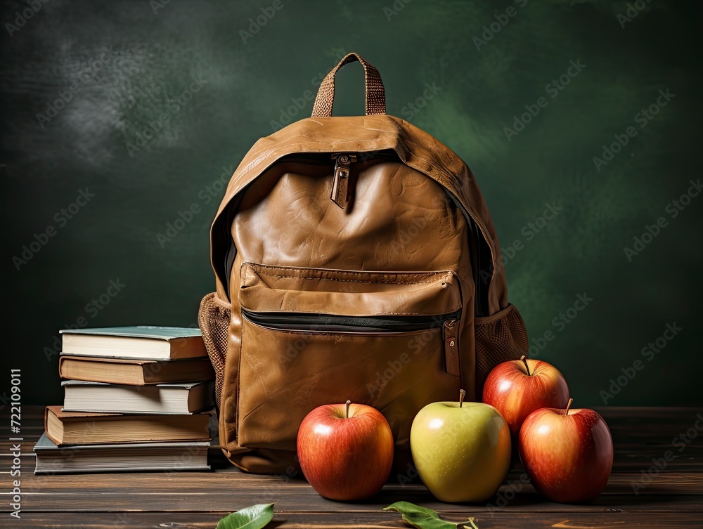 Backpack and apples on table. Banner design. School classroom. Back to ...