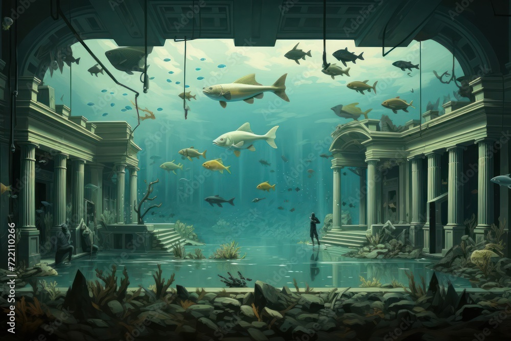 Atlantis ruins illustration screen to the computer game. Bright ...