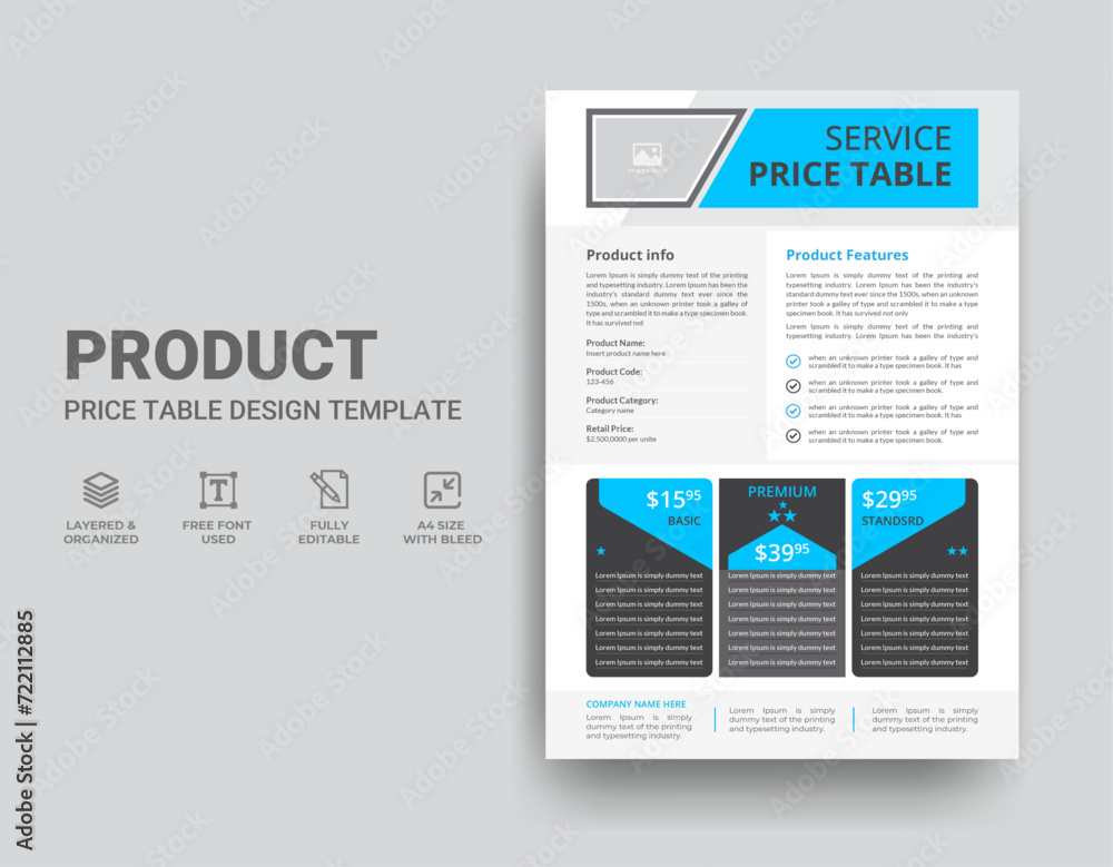 Technical Data Sheet Template Price Table Flyer Design Stock Vector ...